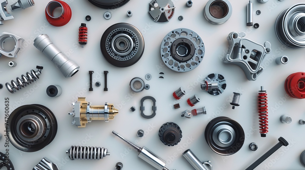 different car parts, laying on a plain white background Stock ...