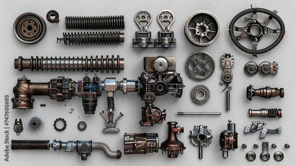 different car parts, laying on a plain white background Stock ...