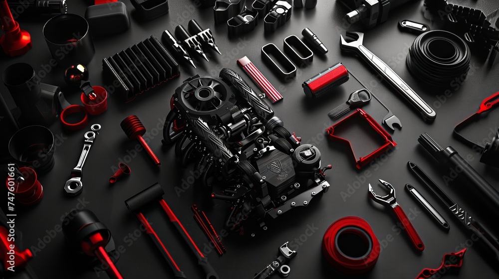 Red, Black and white, reflects Auto Parts, a sleek sports car engine ...