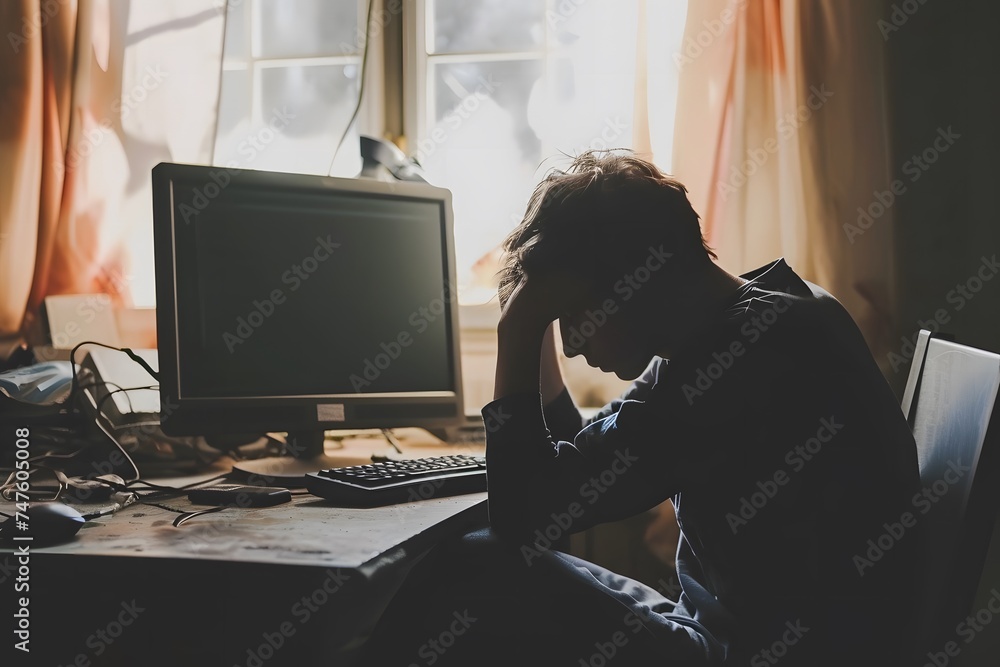 teen boy at desk silhouette computer monitor sad messy student Stock ...