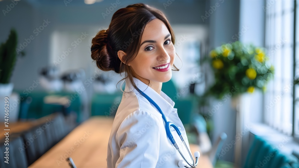 doctor at her workplace, Her brown hair, tied up in a neat bun, smiling ...
