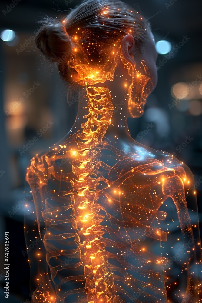 Profile and backside view on standing girl. X-ray of upper part of ...