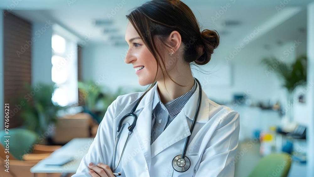 doctor at her workplace, Her brown hair, tied up in a neat bun, smiling ...