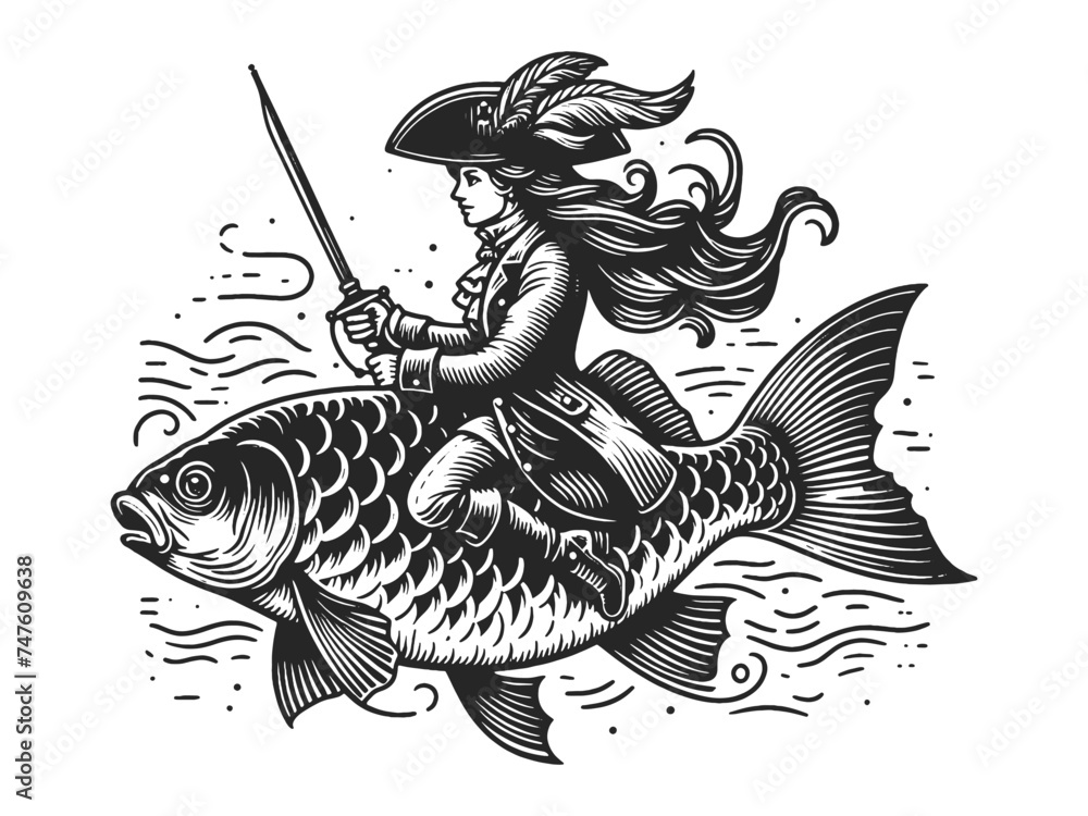 Pirate woman captain riding fish sketch engraving generative ai ...