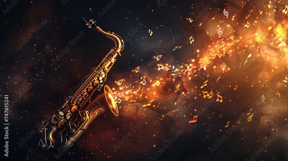 High-resolution photo of a saxophone with music notes flowing from the ...