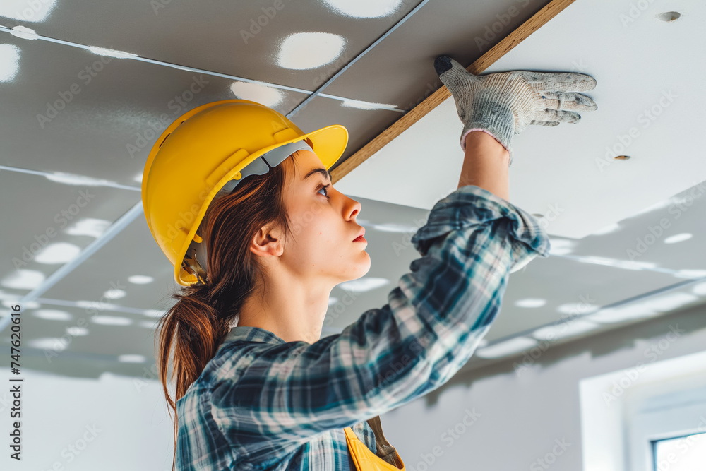Work with plaster gypsum ceiling for interior build. gypsum board ...