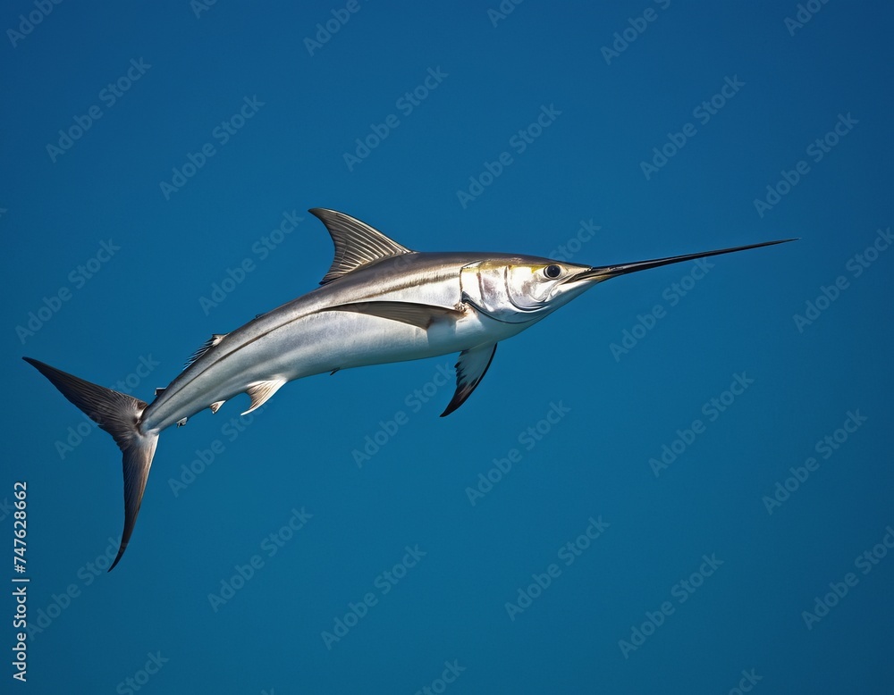 Summer composition. Swordfish swimming in the clear waters of the ocean ...