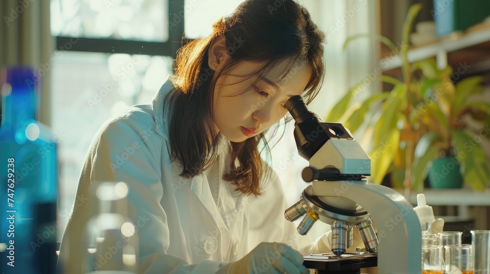 Researcher asian woman wear lab cost work mixing test tube specialist ...