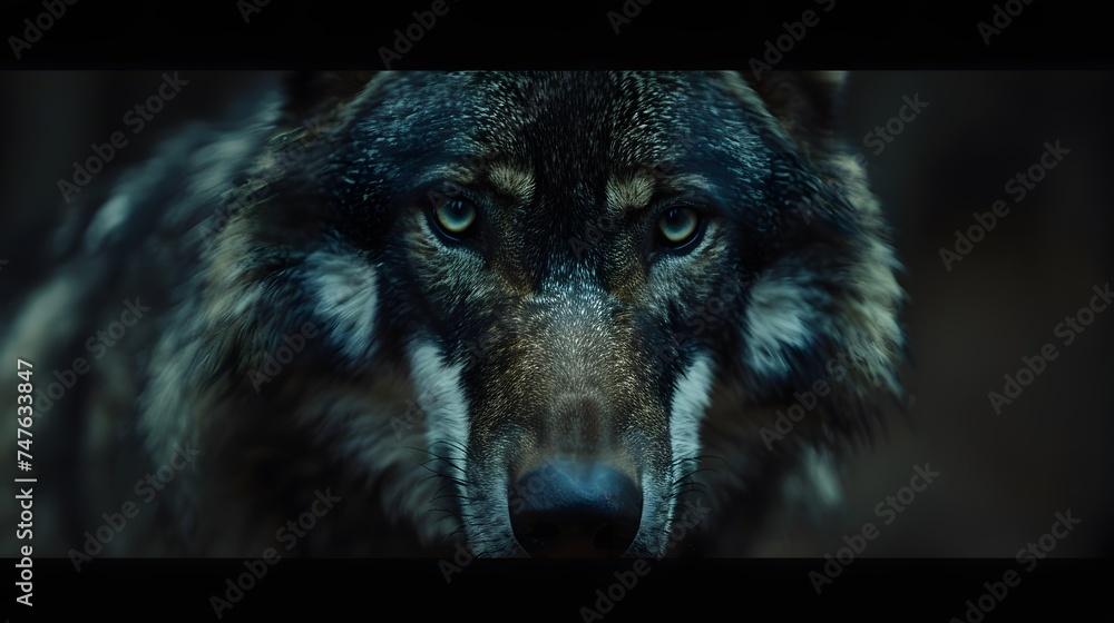 Scary dark gray wolf (Canis lupus), direct eye contact in the dark ...