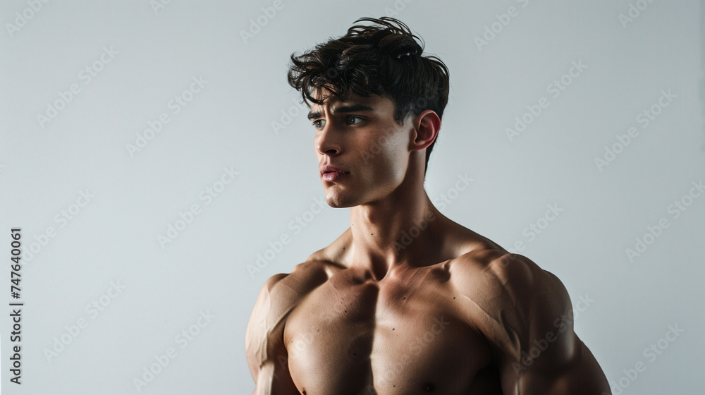 Portrait of a handsome and muscular male model with ripped body showing ...