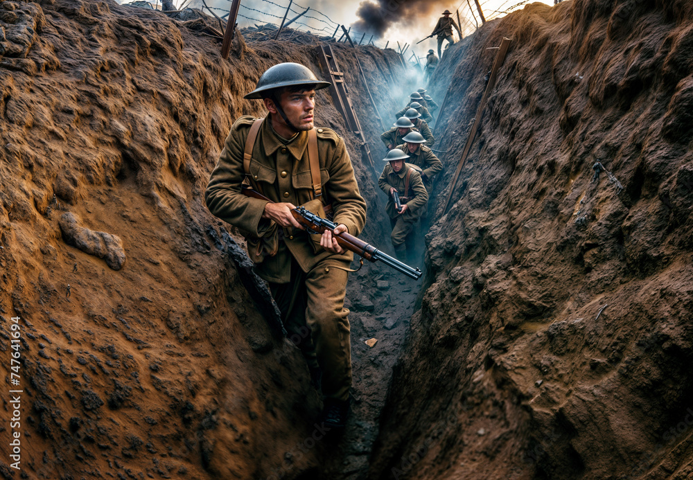 Brave army officer leading his soldiers into combat during through a ...