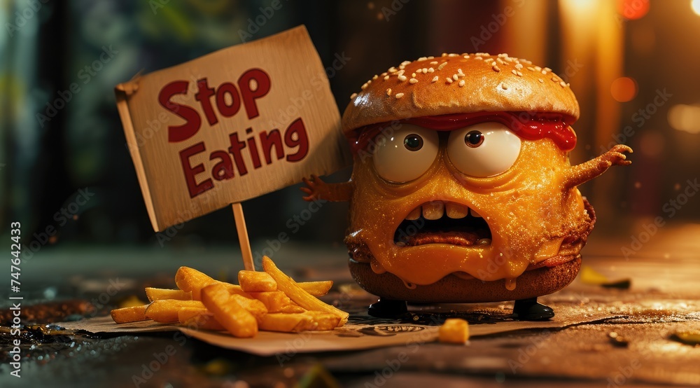 Whimsical plea: cartoon characters, fast food holding a sign 'Stop ...