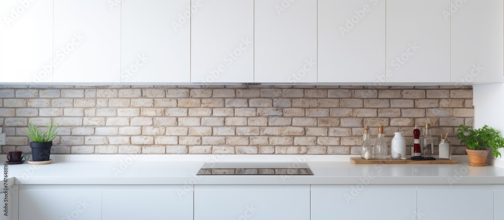 A modern kitchen featuring white cabinets, a brick backsplash, and a ...