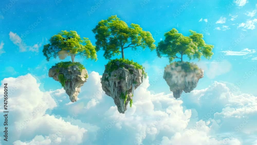 floating island with tree, fly island on sky video looping for live ...
