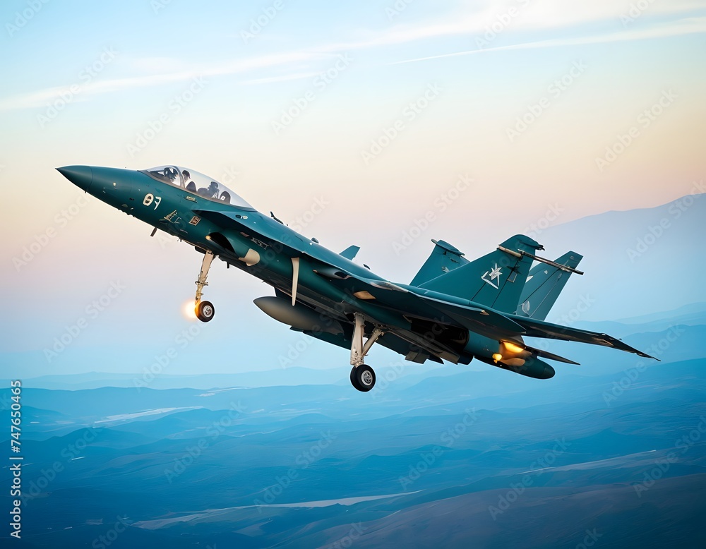 A military jet with two pilots aboard ascends sharply against a dusky ...