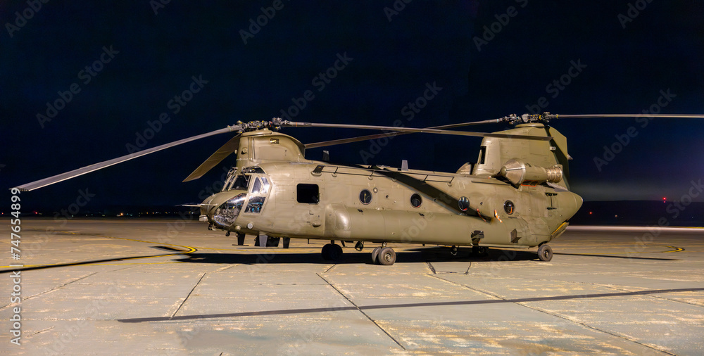Unmarked, heavy lift helicopter. Ready for action on a military ...