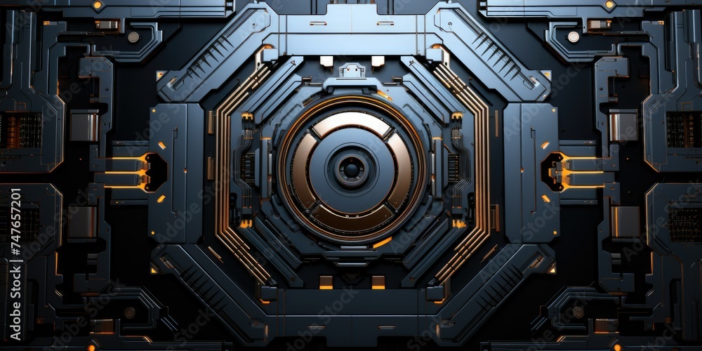 Futuristic metallic door or hatch on a spaceship, with intricate sci-fi ...