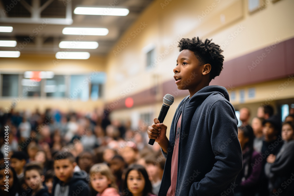 A school assembly featuring student-led presentations on topics like ...
