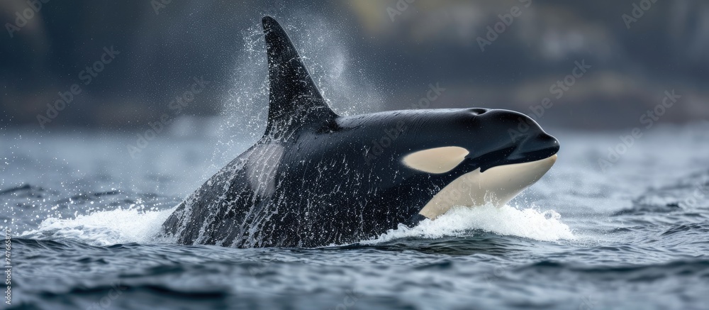A side view of a transient orca breaching as it hunts a sea lion ...