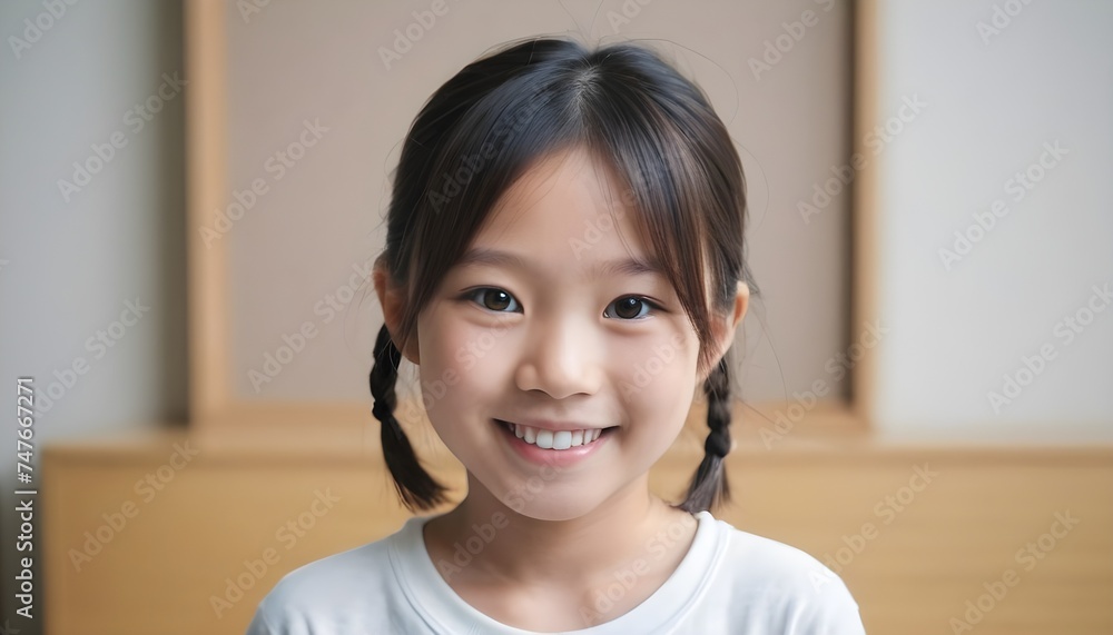 Portrait of cute Asian kid, child, on a plain white background. Simple ...