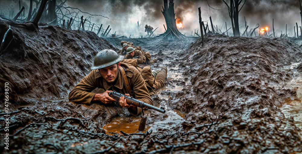 Soldier in uniform with rifle crawling through mud as he displays ...