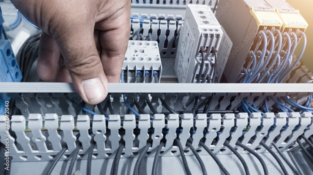 an electrician's hand is opening or closing the circuit cable cover on ...