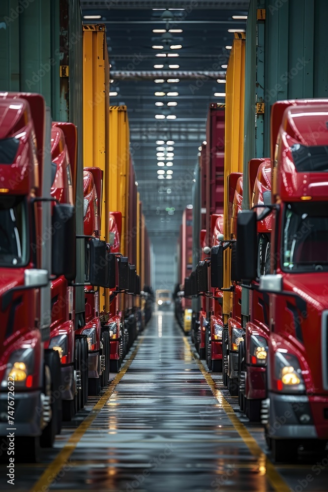 The loading docks bustle with trucks and forklifts in a precise ...