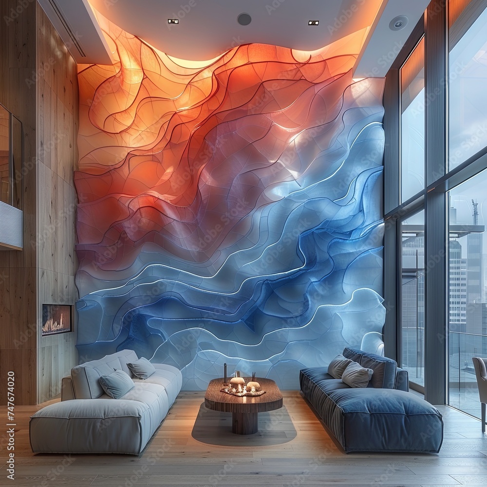 modern blue wavy wall panel for living room, in the style of soft ...