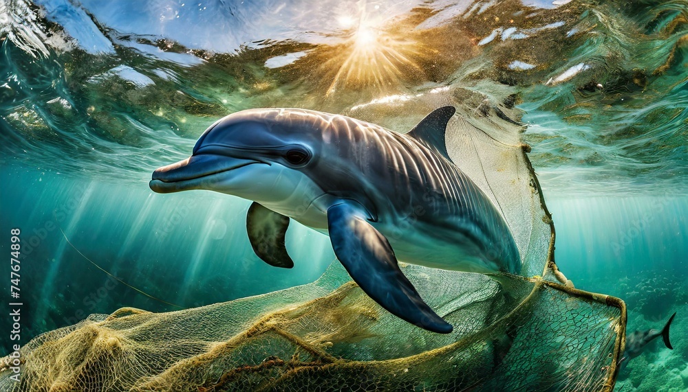 Dolphin caught in fishing net underwater, depicting human waste impact ...