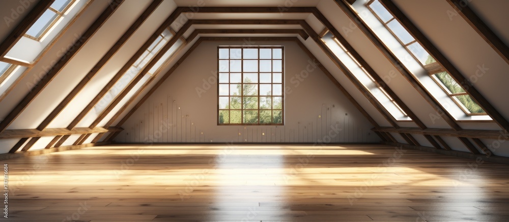 An empty attic room with a shiny wooden floor and numerous windows ...
