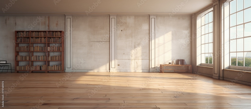 An empty room featuring a bookshelf against the wall and a window ...