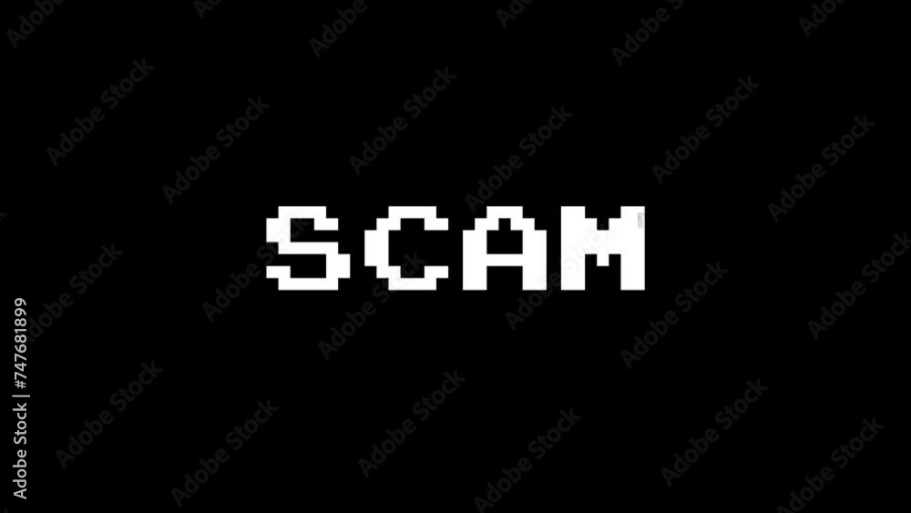 Scam text animation with a glitch effect. Cyberpunk text with an old TV ...