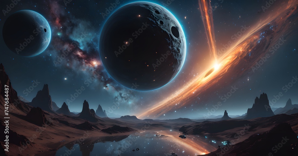 A planetary body casts a shadow over its moon, creating a dramatic ...