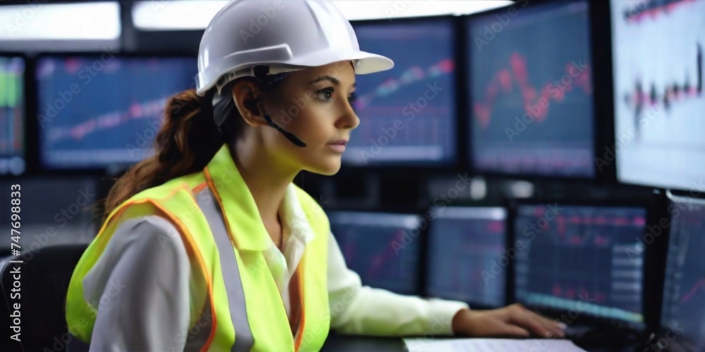 female engineer sitting at a desk in a control room, Women engineer ...