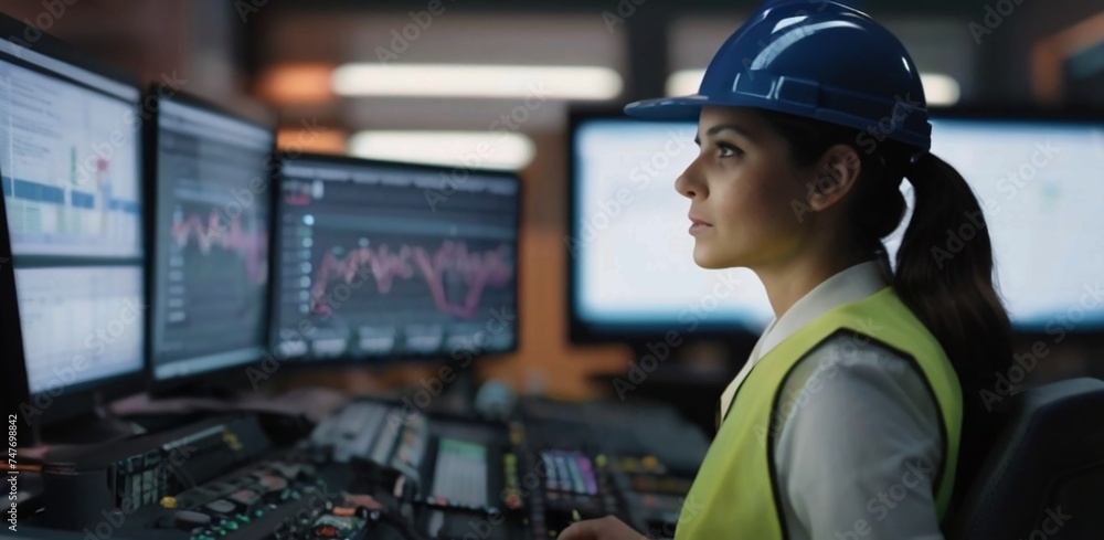 female engineer sitting at a desk in a control room, Women engineer ...