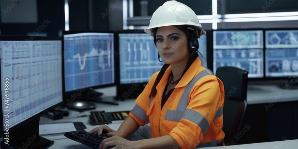 female engineer sitting at a desk in a control room, Women engineer ...