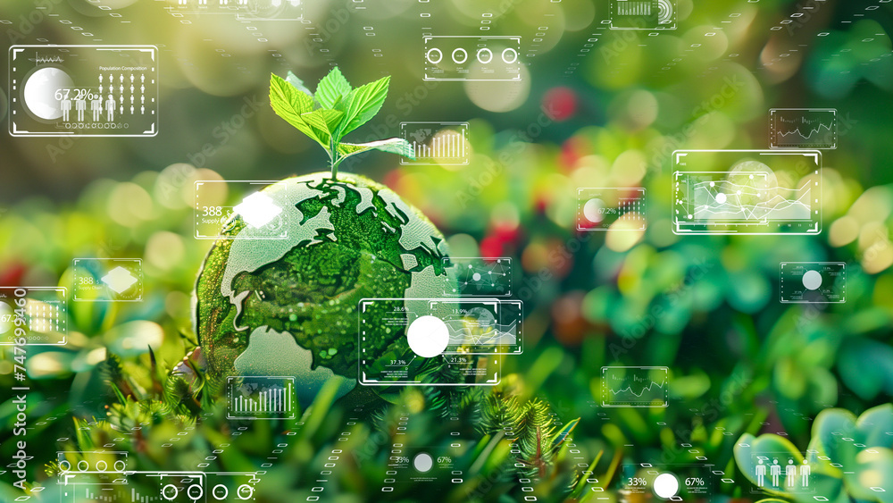 Sustainable technology theme with a holographic globe in nature, urban ...