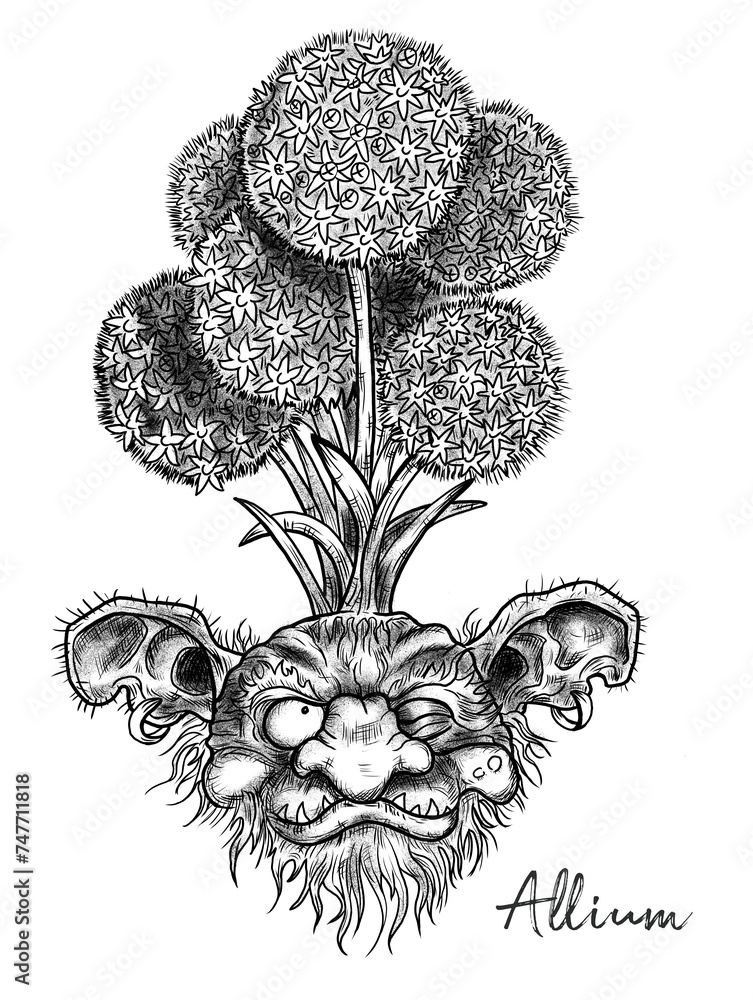 Hand drawn engraved illustrations with funny demon or gnome face as ...
