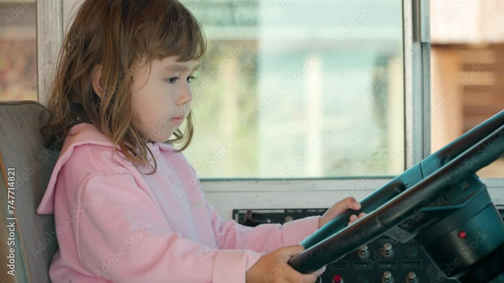 Active Toddler Girl Turns Steering Wheel of Old Bus and Beeping While ...