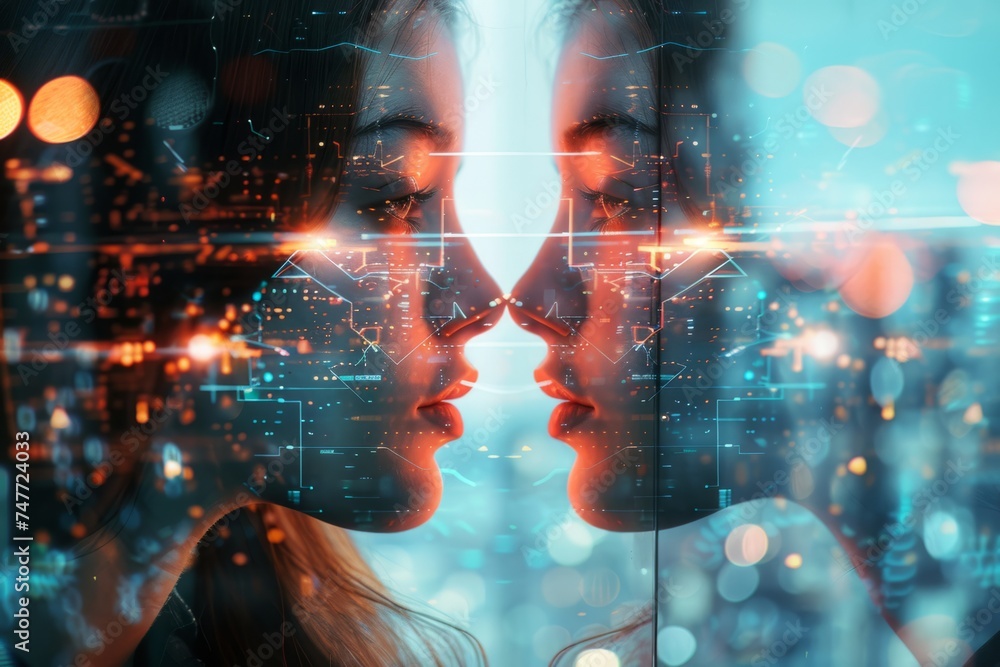 Visualize the concept of digital twins in a creative and imaginative ...