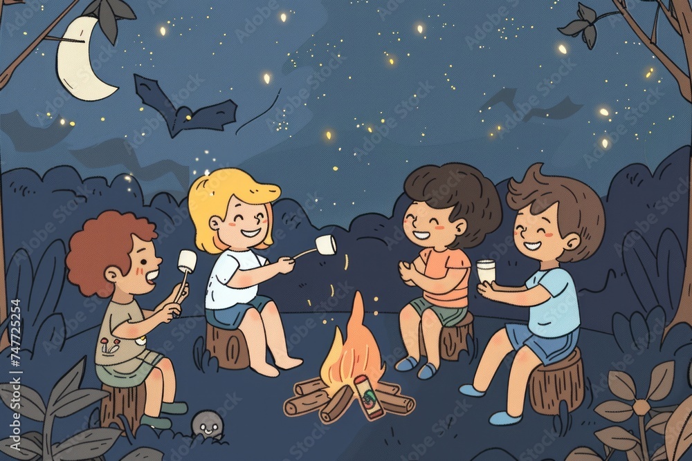 Cartoon cute doodles of kids roasting marshmallows and making s'mores ...