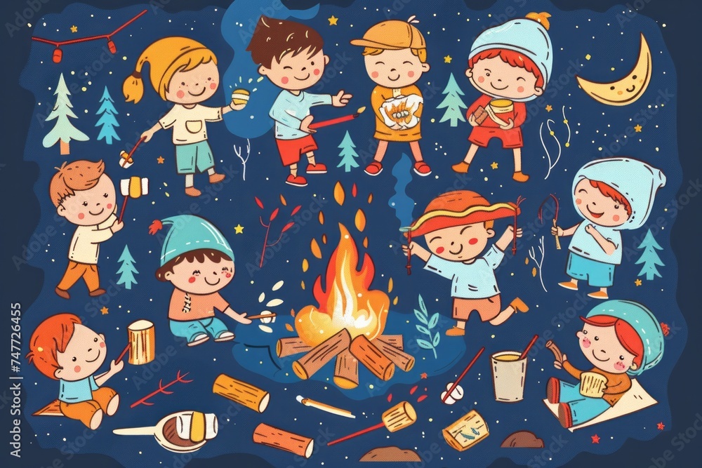 Cartoon cute doodles of kids roasting marshmallows and making s'mores ...