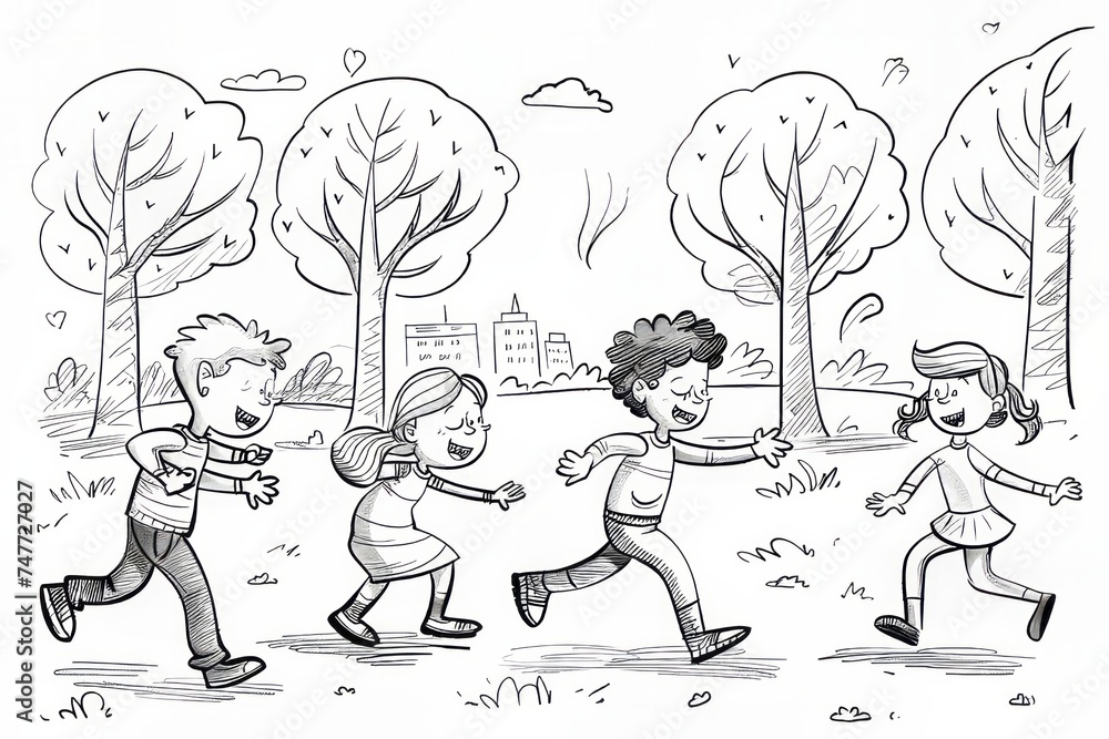 Cartoon cute doodles of kids playing tag and chasing each other around ...