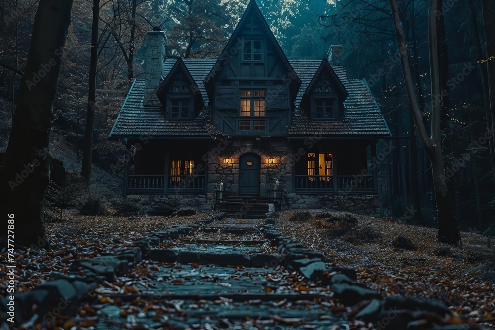 Eerie haunted house nestled in a dark forest under moonlight Setting a ...
