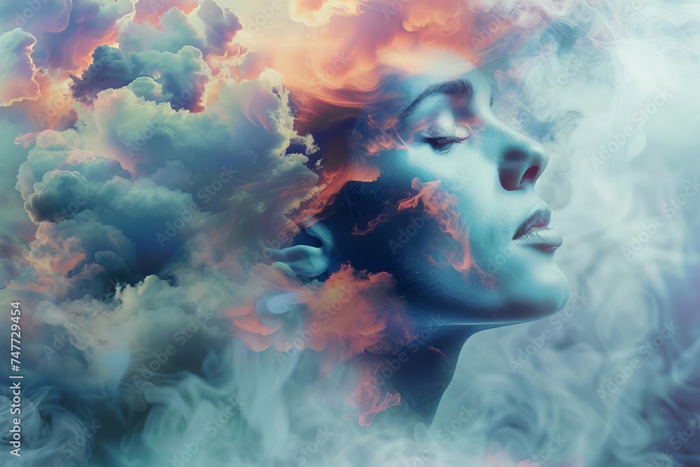 Woman lost in thought with abstract clouds representing confusion ...