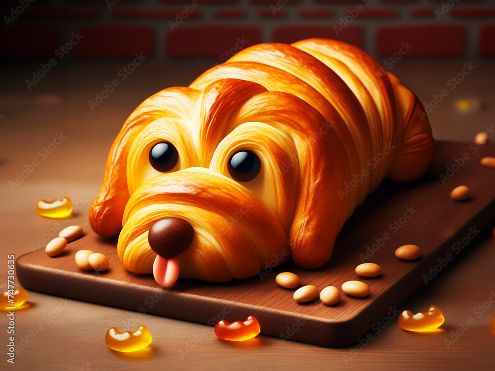 croissant bread looks like a dog with jelly beans as eyes, food with ...