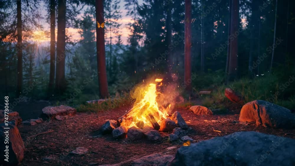 burning campfire on a dark night in a forest. seamless looping overlay ...