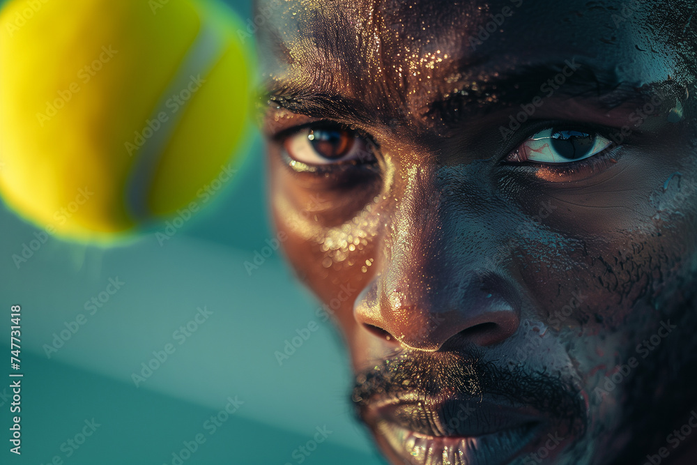 black male tennis player looking at a tennis ball, expressing his ...