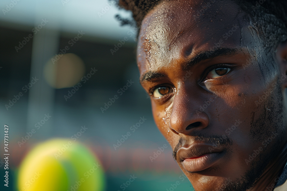 black male tennis player and blurred tennis ball, expressing his deep ...