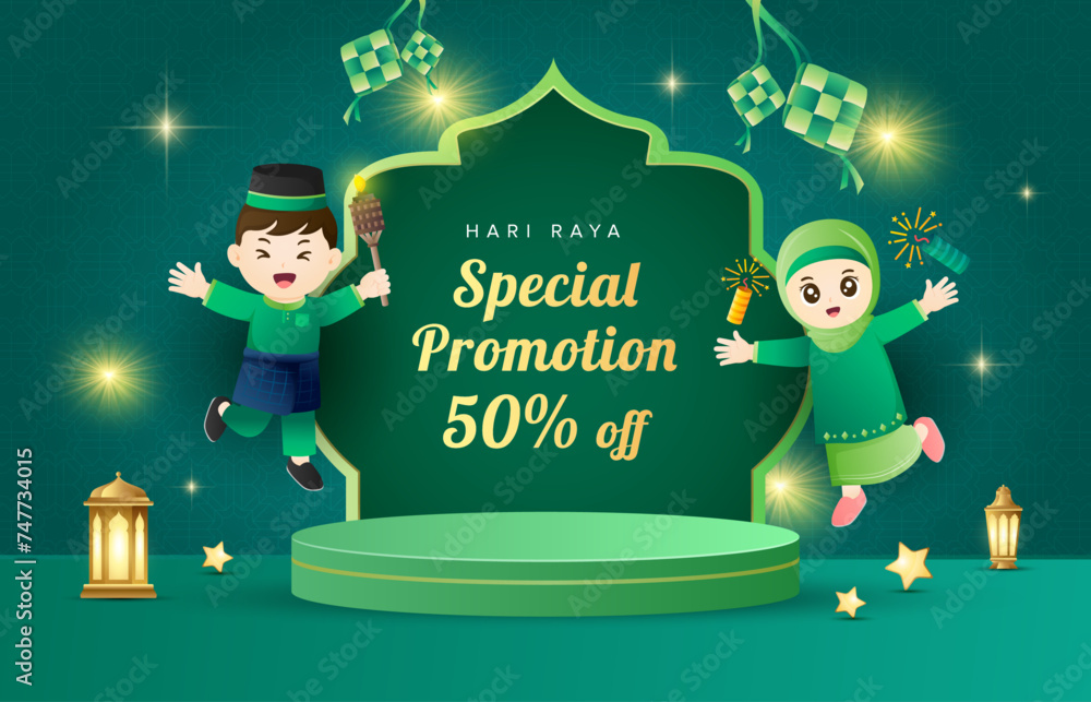 Hari Raya sale podium background with 2 happy cute Muslim characters ...